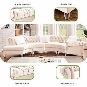 Legend Vansen Curved Velvet Sectional Sofa,Modern Upholstered Tufted Modular Sectional Sofa with Metal Legs,Comfy Semicircle Couch with Rolled Arms and Nailheads for Living Room,Bedroom（Beige）