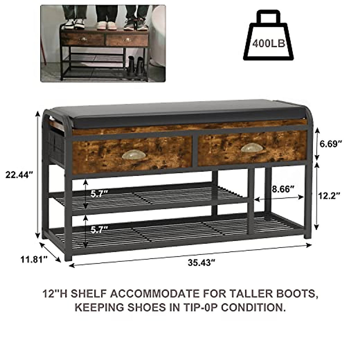 Homeiju 3 Tier Entryway Bench, Shoe Storage Bench with Padded Seating & Drawers, 35.5” Metal Entryway Foyer Hallway Bench, Vintage Brown