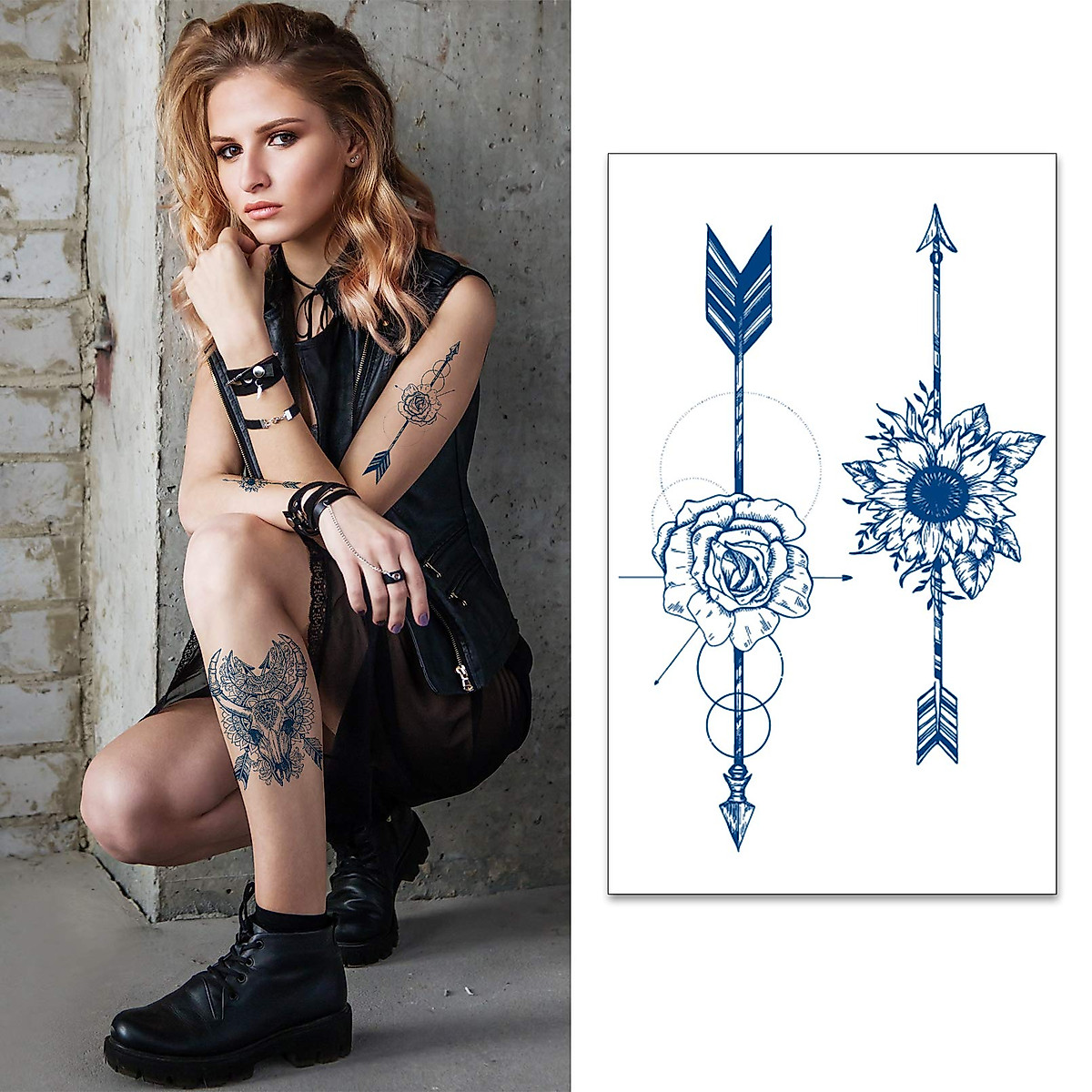 Aresvns Temporary Tattoo for Men & Women,Semi-Permanent Tattoos Waterproof and Long-Lasting 2 Weeks,Dark Blue Realistic Fake Tattoos Christmas Gift