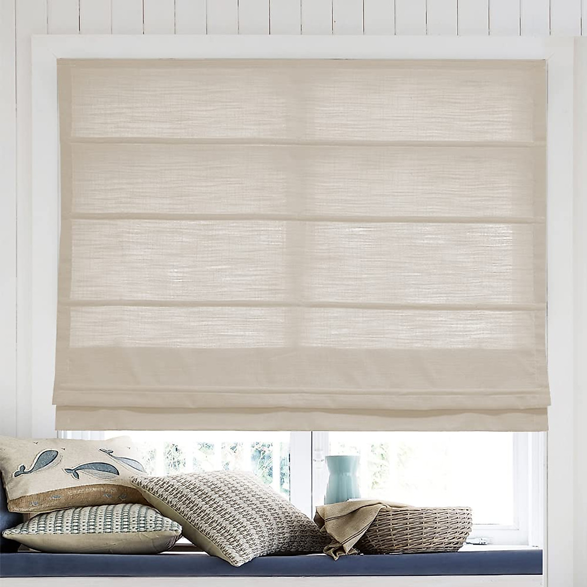 LANTIME Cordless Roman Shades Window Blinds, Elegant Made to Order Blackout Sand Beige Fabric Window Roman Shades for Windows, Doors