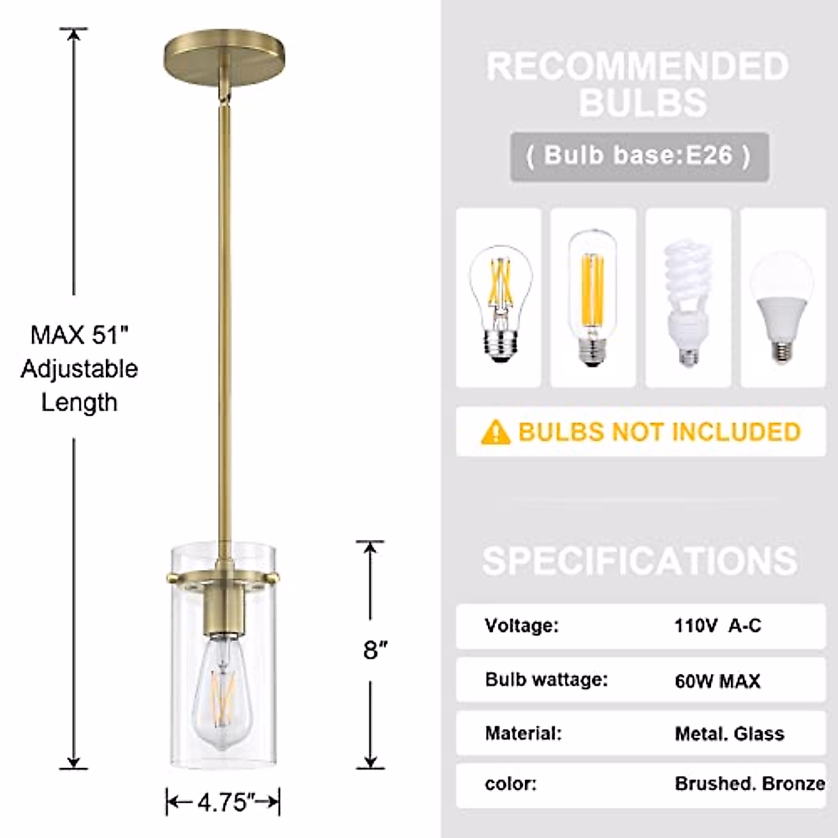 3 Pack 1 Light Indoor Mini Hanging Kitchen Island Modern Industrial Rod Pendant Ceiling Light Fixture,Brushed Bronze Finish Clear Glass Chandelier Shade for Bar Dining Room Over Sink