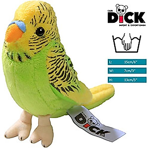 Carl Dick Budgerigar Green with Yellow, 5 inches, 13cm, Plush Toy, Soft Toy, Stuffed Animal 2823004