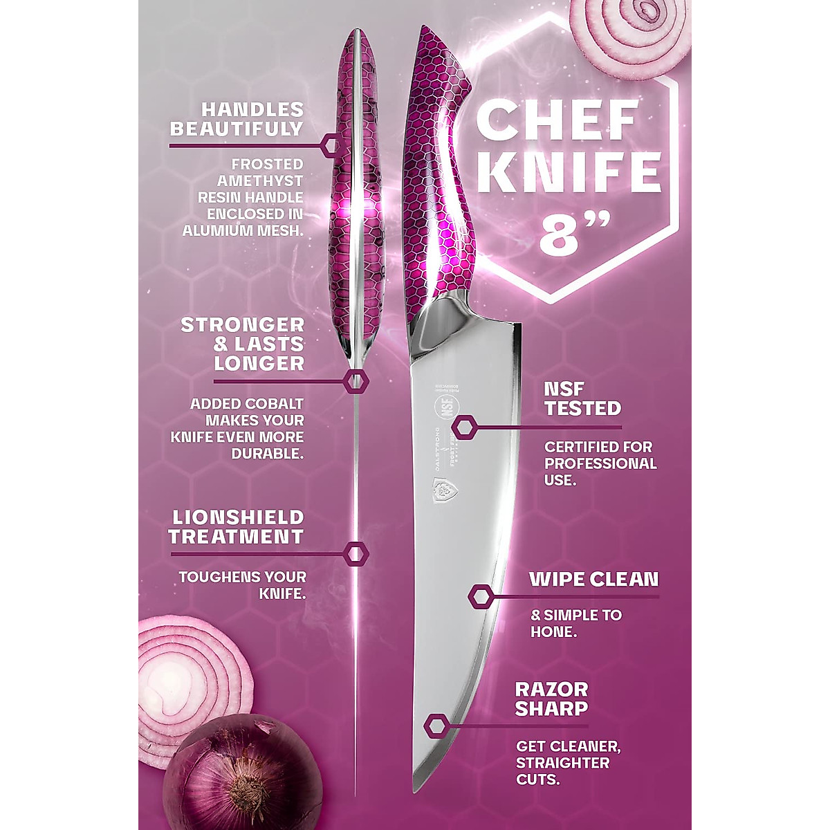 Dalstrong Chef Knife - 8 inch - Frost Fire Series - Frosted Amethyst Edition - HC 10CR15MOV Stainless Steel Kitchen Knife - Sand Blasted Frosted - Fuschia Honeycomb Handle - Sheath - NSF Certified