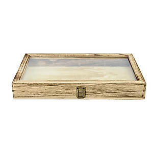 MOOCA Jewelry Display Case with Tempered Glass Lid and Metal Clasp, Home Organization Storage Box, Pocket Knife Display Case, Oak Color