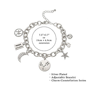 Personalization Collection Gold Plated Zodiac Bracelet | Constellation Symbol | Name Plate | Moon | Constellation | Star | Stone | Charms | Chain Bracelet for Women Gifts (Silver Plated - Pisces)