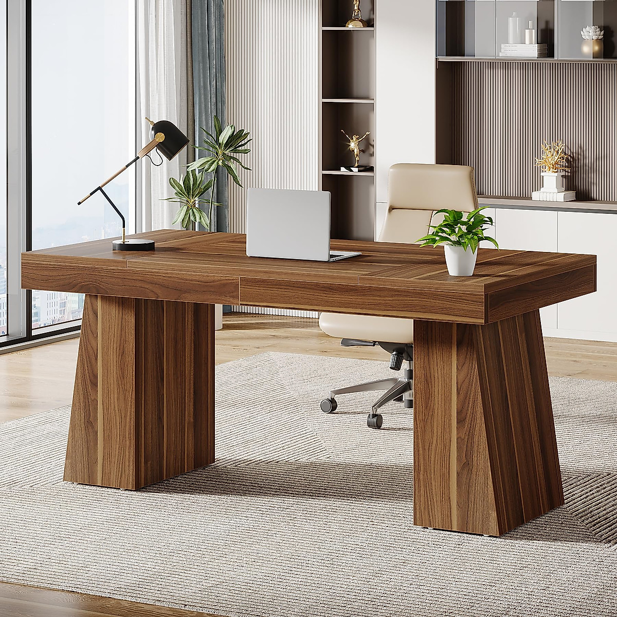 Tribesigns 55 Inches Executive Desk, Mid-Century Modern Home Office Desk with Double Trapezoid Base, Wood Computer Desk Business Workstation Desk Small Conference Table, Brown