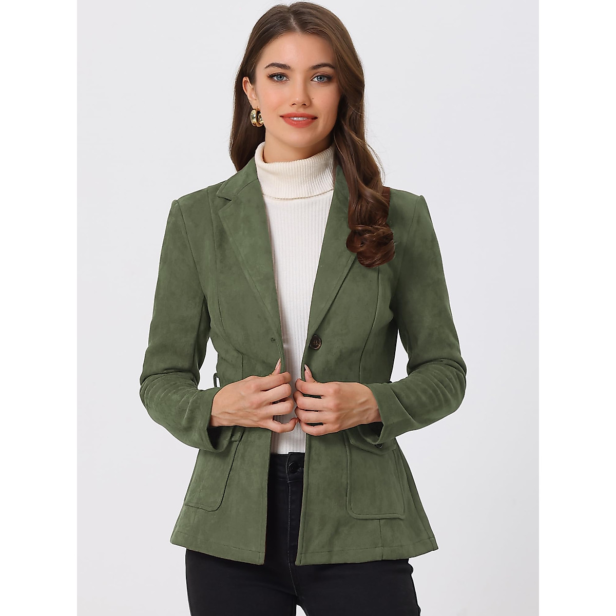 Allegra K Women's Faux Suede Blazer Belted Lapel Outwear Single Breasted Work Jacket Medium Army Green