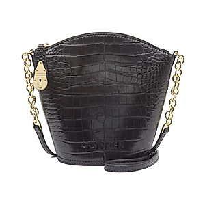 Calvin Klein Statement Series Lock Daytonna Leather North/South Top Zip Crossbody, Black/Gold