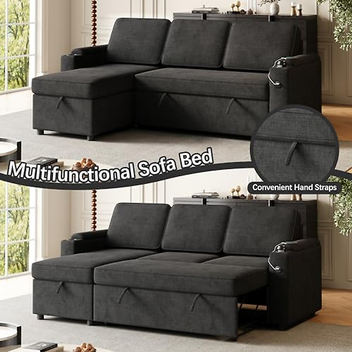 Eafurn 3-Seaters Corner Sectional Sofa Convertible Pull Out Couch Bed with Reversible Chaise Lounge and Hidden Arm Storage & Cup Holders, L Shaped Sleeper Sofa&Couches for Living Room Apartment Dorm