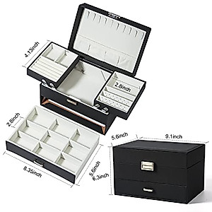 BUTI4WLD 3 Layers Large Jewelry Boxes for Women Girls Wife Ideal Gift, Jewelry Case for Storing Earrings Rings Necklaces Bracelets PU Leather & Soft Velvet Lined, Black