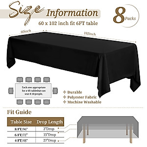 Showgeous 8 Pack Black Tablecloth 60 x 102 Inch, Rectangle Table Cloth for 6 Foot Table, Wrinkle Resistant Washable Polyester Table Cover for Wedding Dining Table Buffet Parties and Camping