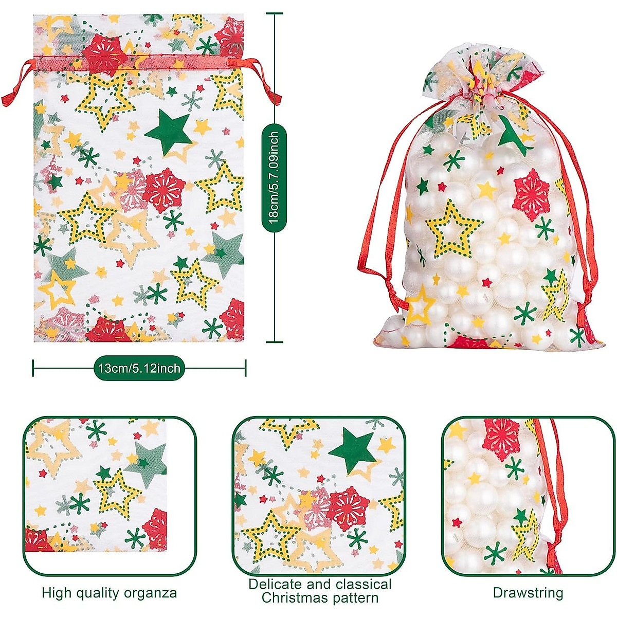 GoClimber 50 PCS 4x6 Inches Mixed Color Christmas Organza Gift Bags with Drawstring, Jewelry Candy Bags for Christmas