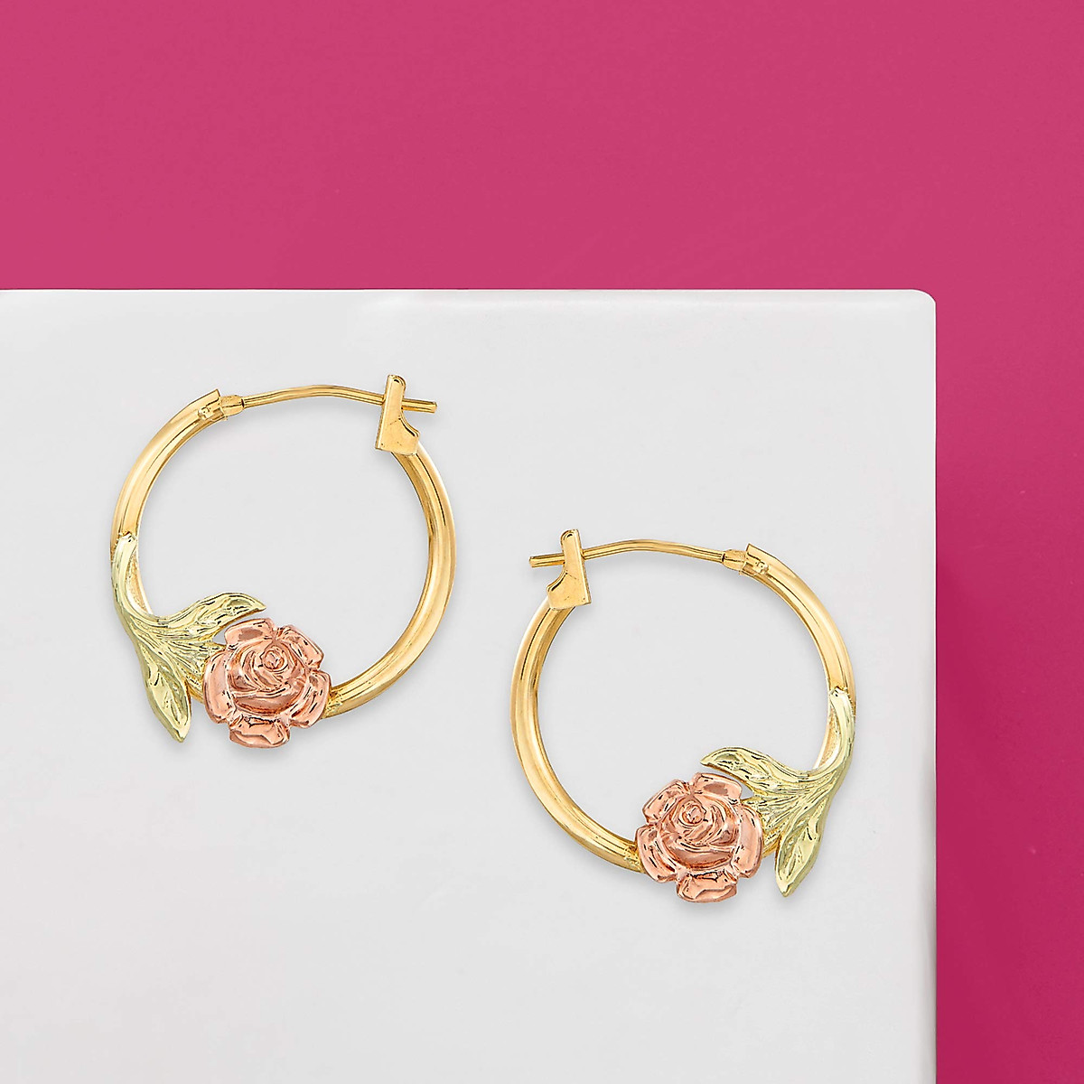 Ross-Simons 14kt 2-Tone Gold Floral Sterling Silve Hoop Earrings