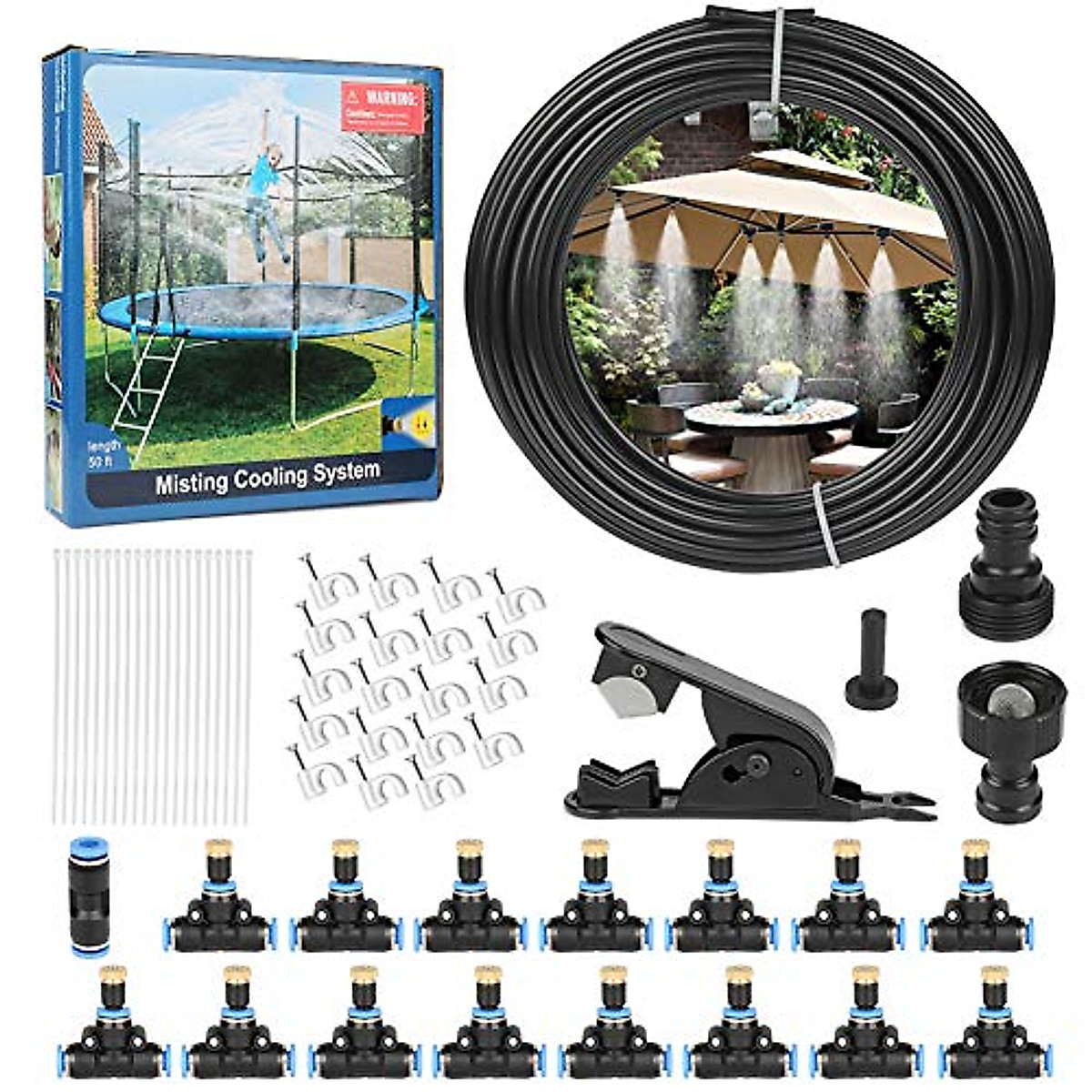 Mister System for Outside Patio - Misting Cooling System - 50 FT (15M) Misting Line + 15pcs Brass Mist Nozzles + a Faucet Connector (3/4" and 1/2") - Patio Misting System for Garden Greenhouse