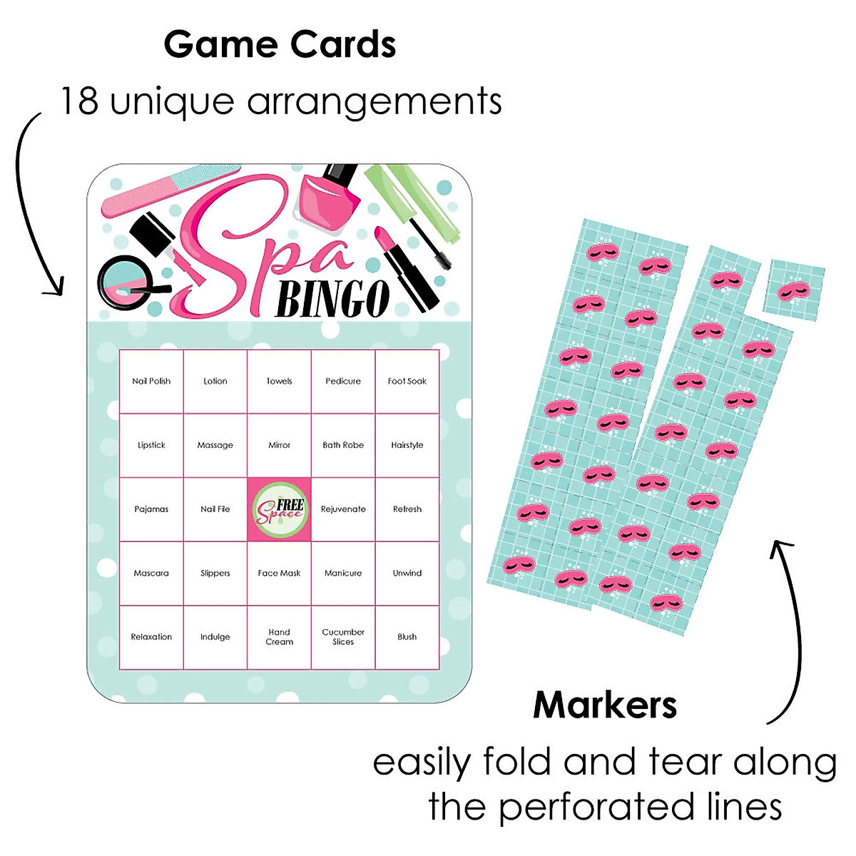 Big Dot of Happiness Spa Day - Bingo Cards and Markers - Girls Makeup Party Bingo Game - Set of 18