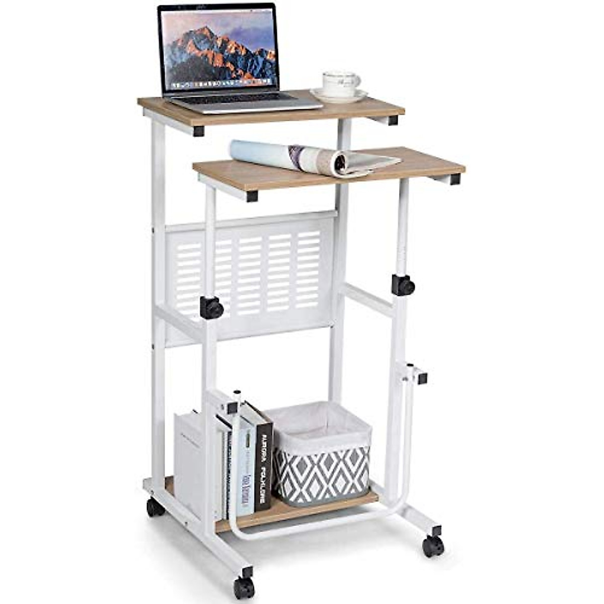 Tangkula Rolling Standing Desk Stand Up Desk, Height Adjustable Home Office Desk with Standing & Seating 2 Modes, Flexible Wheels & Footrest, Mobile Laptop Cart Sit Stand Desk