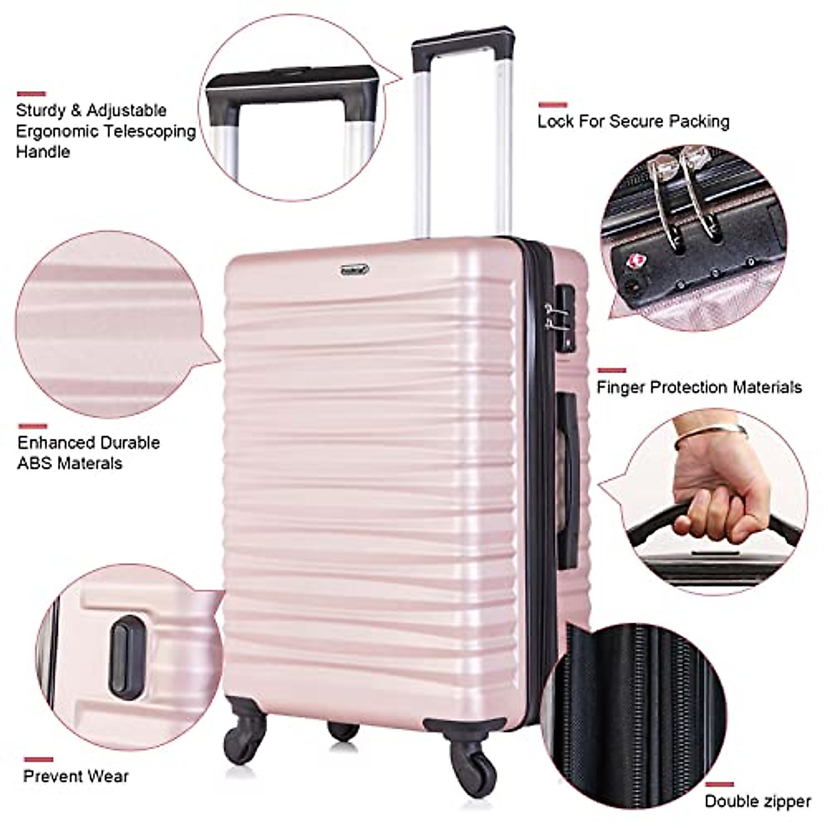 Apelila 4 Piece Luggage Sets,Expandable Travel Suitcase TSA Spinner Hardshell Lightweight w/Free Suitcase Cover& Hanger (Rose Gold With TSA Lock And Zipper Expansion)