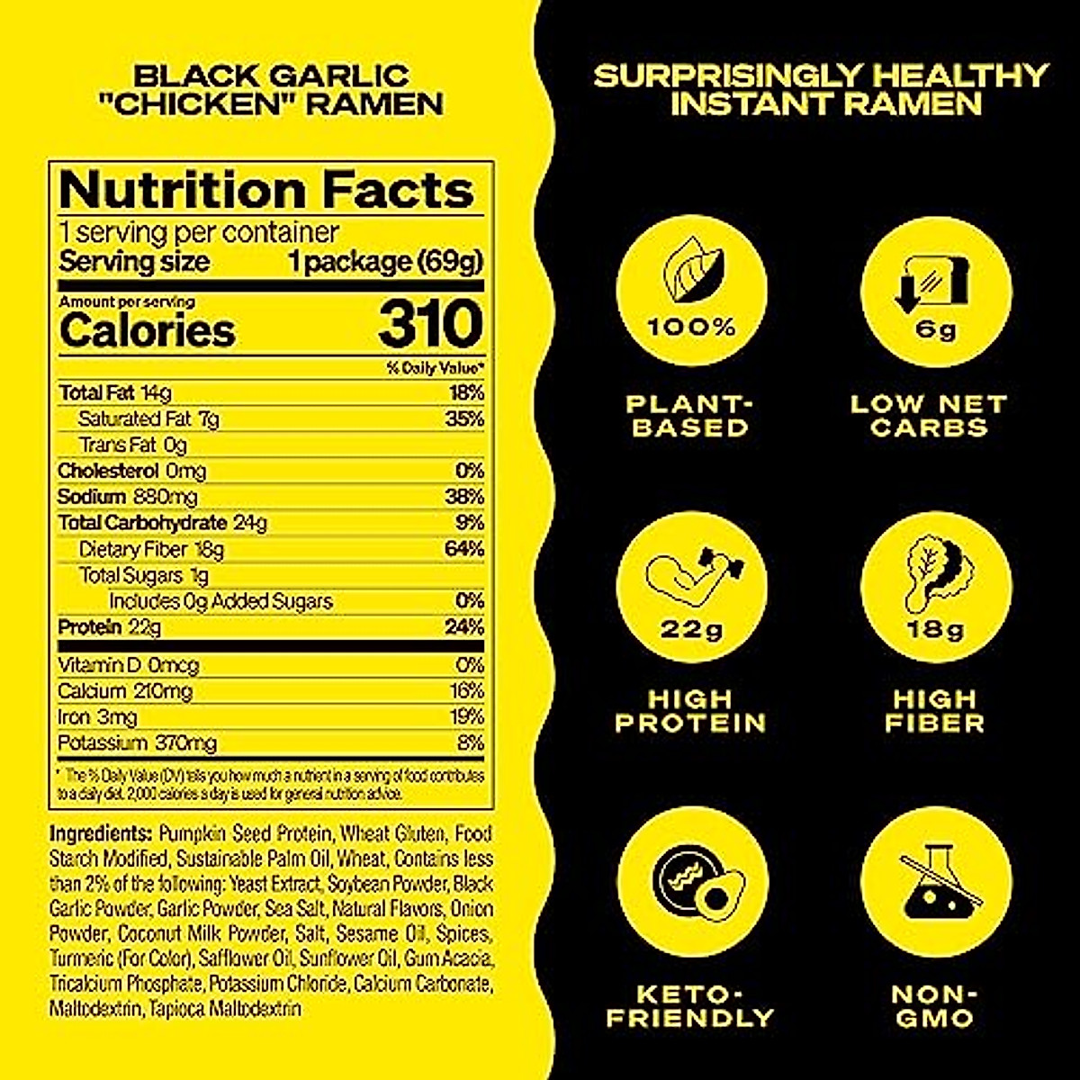 immi Black Garlic "Chicken" Ramen, 100% Plant Based, Keto Friendly, Low Carb, High Protein, Packaged Noodle Meal Kit, Ready to Eat, 6 Pack
