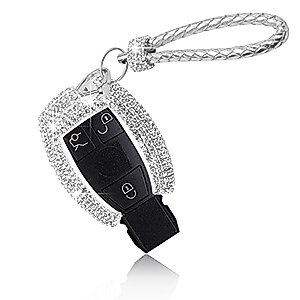 PGONE Car Key Case Key Shell Fob Key Cover Key Chain Lady Ring with Bling Rhinestones crystals For Mercedes-Benz C E S M CLS CLK GLK GL Class 2/3-button Keyless Entry Remote Control Smart Key (White)