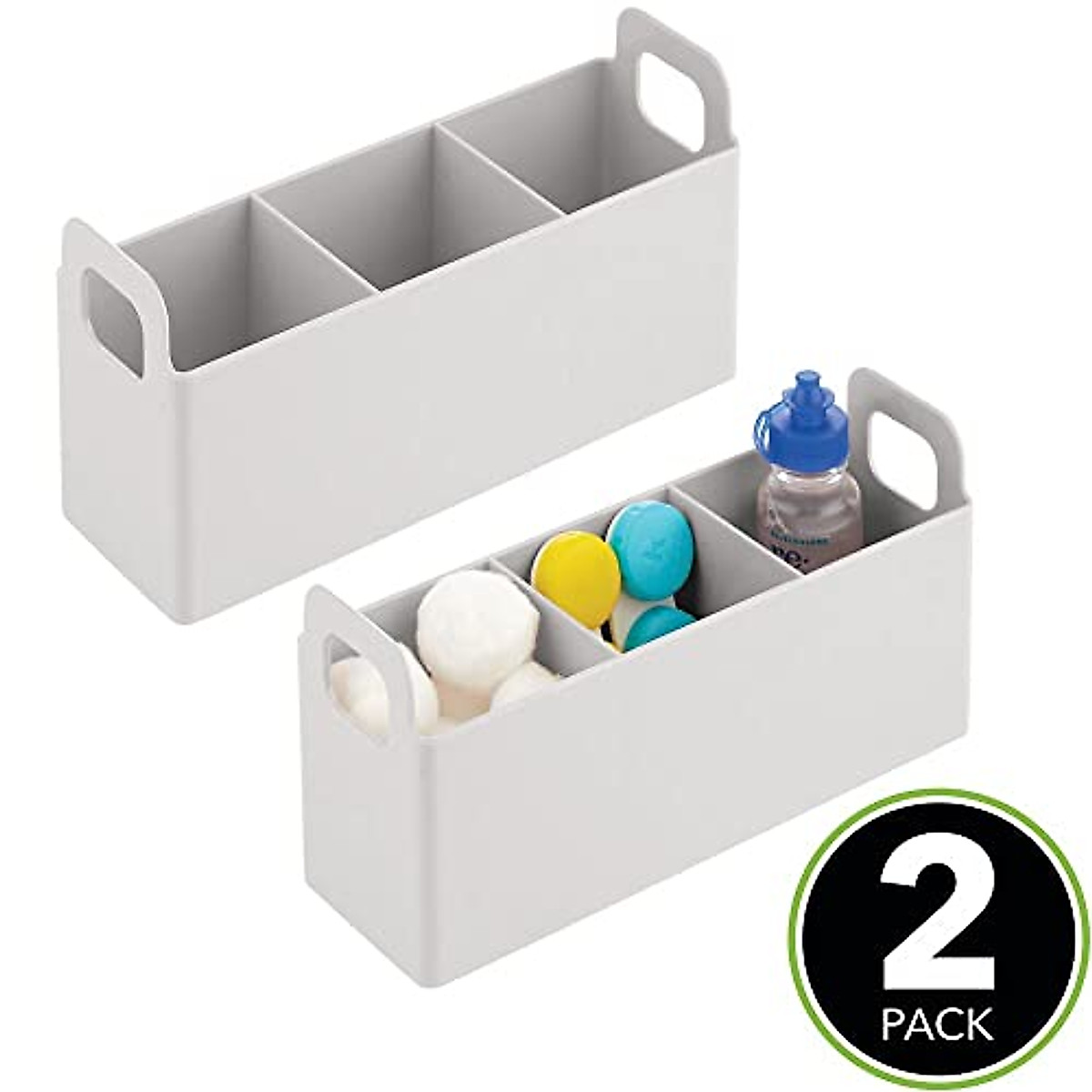 mDesign Plastic 3-Compartment Bathroom Organizer Storage Bin - Divided Makeup Caddy and Hair/Beauty Product Holder Tray - Perfect for Vanity, Counter, Cabinet - Lumiere Collection - 2 Pack, Light Gray