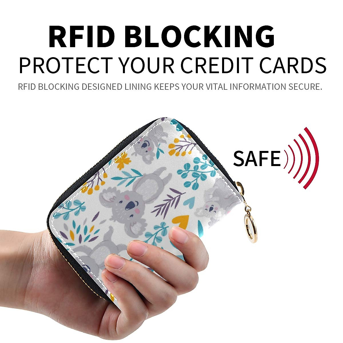 MOYYO RFID Credit Card Holder Case Animal Cute Koala Bears Floral Leather Printed Zipper Card Case Wallet for Women Girls