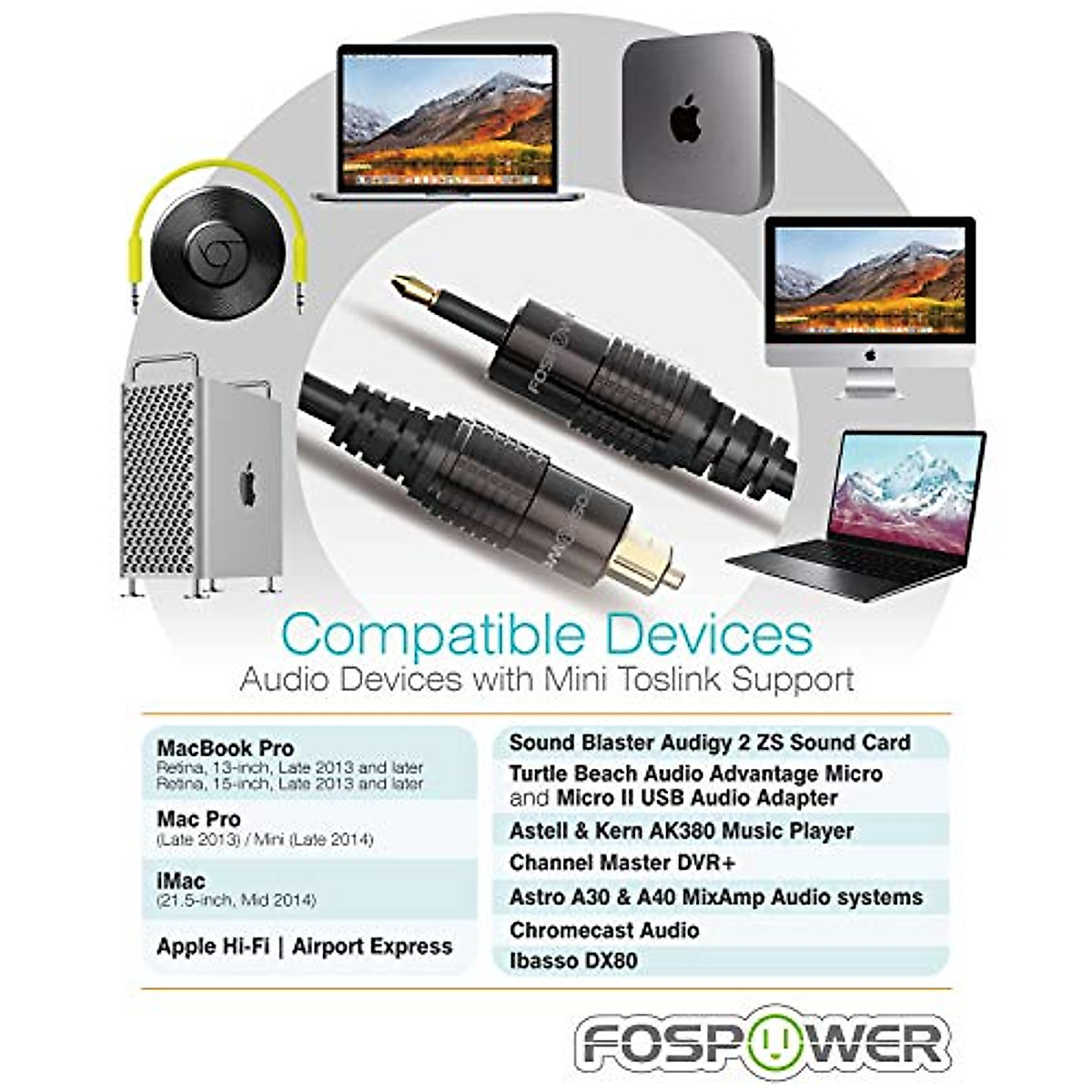 FosPower (6 Feet) 24K Gold Plated Toslink to Mini Toslink Digital Optical S/PDIF Audio Cable with Metal Connectors & Strain-Relief PVC Jacket