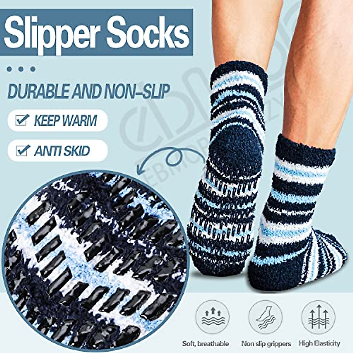Fuzzy Socks for Men & Women Slipper Fluffy Warm Winter Non Slip Skid Thick Cozy Sleep Socks with Grips Cabin Soft Stocking Stuffers Christmas Gift Socks（Stripe 6 Pairs)