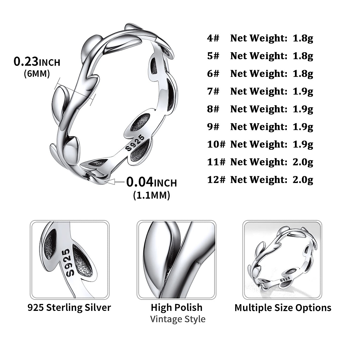 ChicSilver 925 Sterling Silver Ring High Polish Simple Olive Leaf Engagement Wedding Band Promise Ring for Women Size 8
