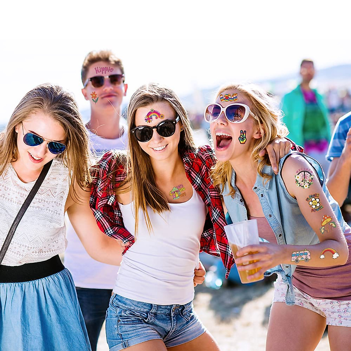 Hippie Tattoos for Kids Women Adult Groovy Hippie Temporary Tattoos Love and Peace Waterproof Face Body Fake Tattoos Stickers