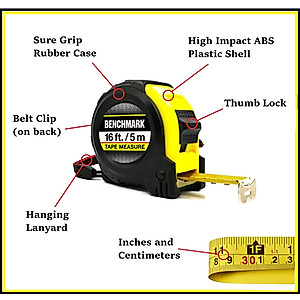 Benchmark - 16ft Tape Measure - Metric and Imperial (feet and Centimeters) (16ft, Black/Yellow, 4)
