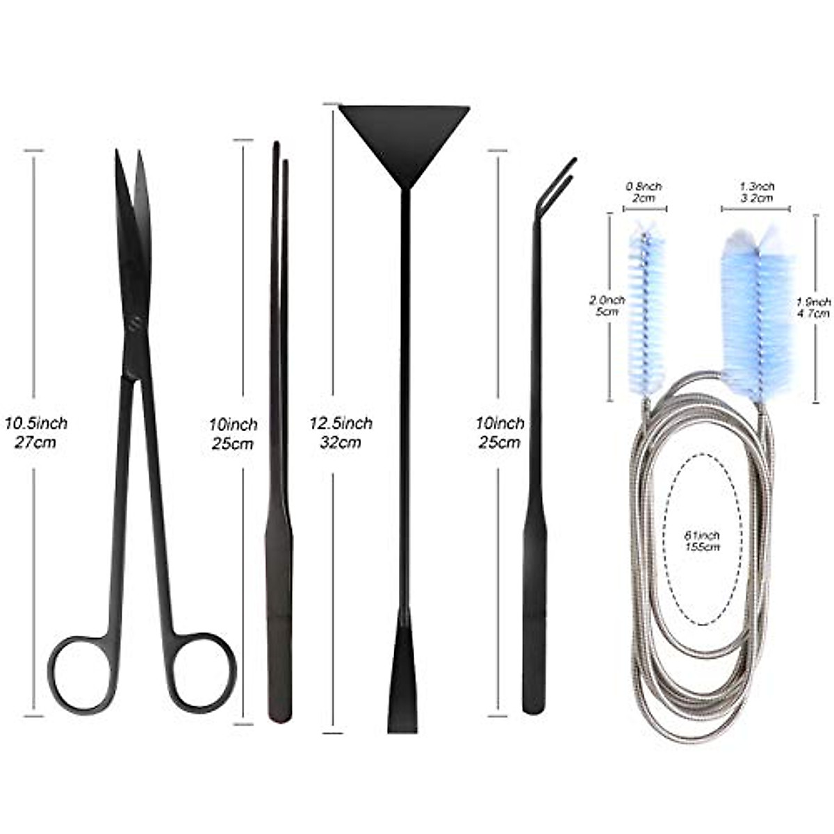 Trabulate zhuohua Aquarium Aquascape Plant Tools Kits,Including Stainless Steel Black Aquarium Scissor Tweezers Spatula Tool and Flexible Pipe Cleaner with Stainless Steel Long Tube Cleaning Brush