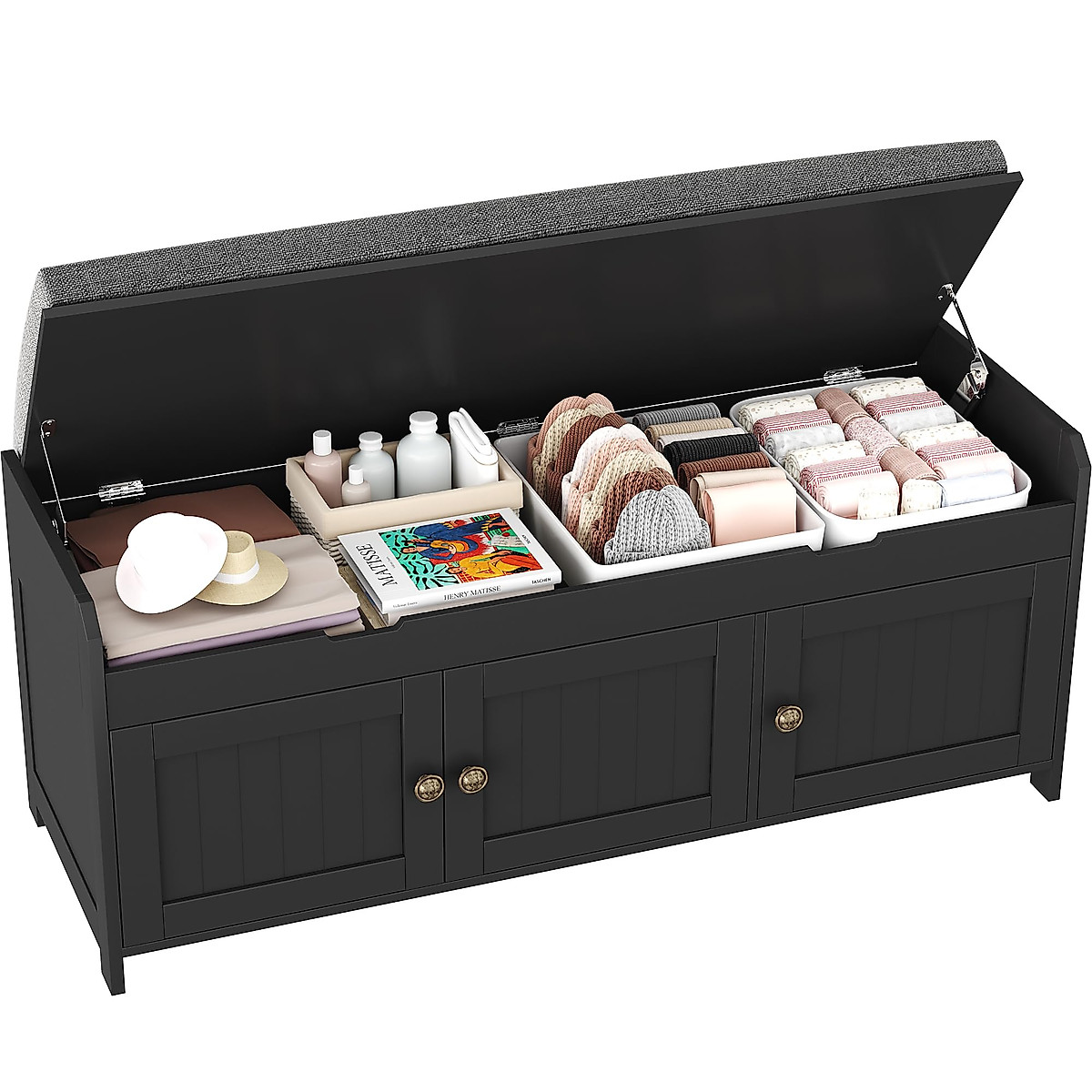 HOMEFORT 41.3" Shoe Bench with Lift Top Storage, Entryway Storage Bench with Cushioned Seat, Wooden End of Bed Bench, Shoe Cabinet Bench with Hidden Storage Space, for Bedroom, Hallway(Black)