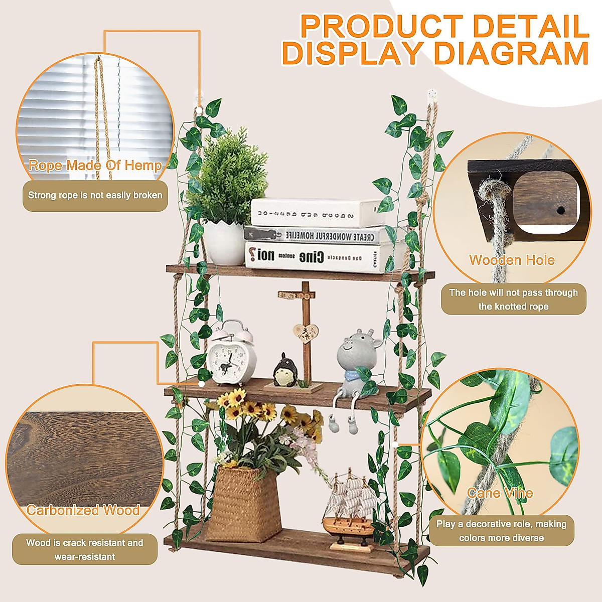 SNOMEL Set of 3 Wood Hanging Shelves with Artificial Ivy & Woven Rope, Rustic Floating Wall Shelves, Hanging Plant Shelf Rack Display for Storage Bedroom Living Room Farmhouse Home Decor