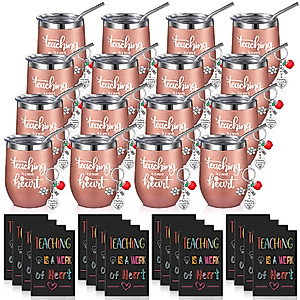Didaey 48 Pcs Teacher Appreciation Gift Bulk Thank You Teacher Gift for Women 12 oz Wine Tumbler Coffee Mug with Straw Lid Mini Notepad Keychain for Teacher Appreciation Retirement Gifts(Rose Gold)