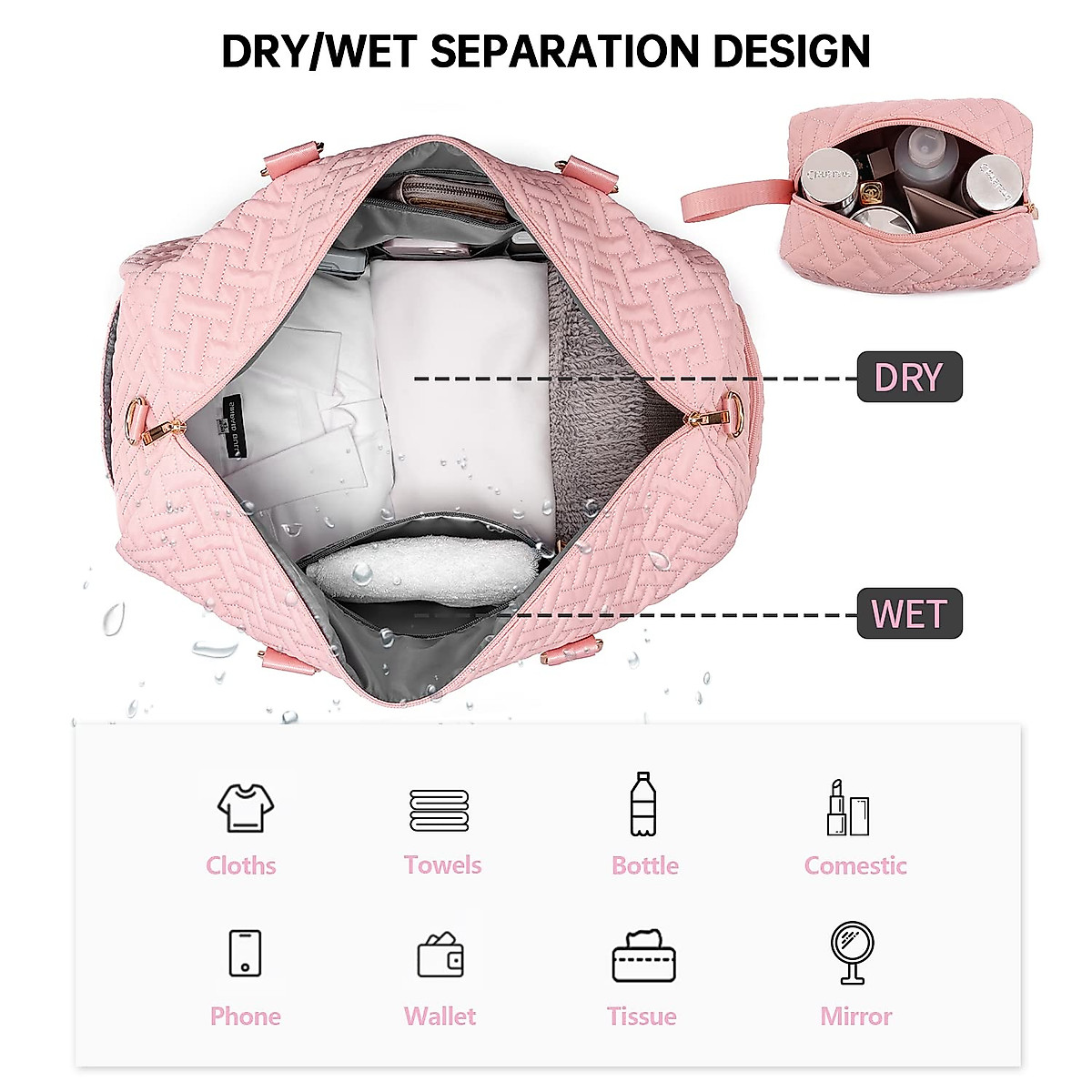 Duffle Bag for Travel, Weekender Bag with Shoe Compartment, Carry On Overnight Bag for Women with Toiletry Bag, Gym Bag with Wet Pocket, Hospital Bags for Labor and Delivery Pink