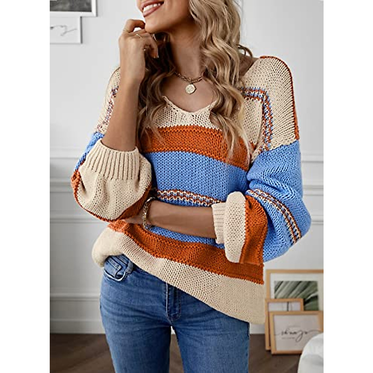 EVALESS Womens Long Sleeve V Neck Knit Striped Fall Winter Sweaters Pullover 2023 Oversized Chunky Color Block Casual Loose Cropped Tops,Orange M