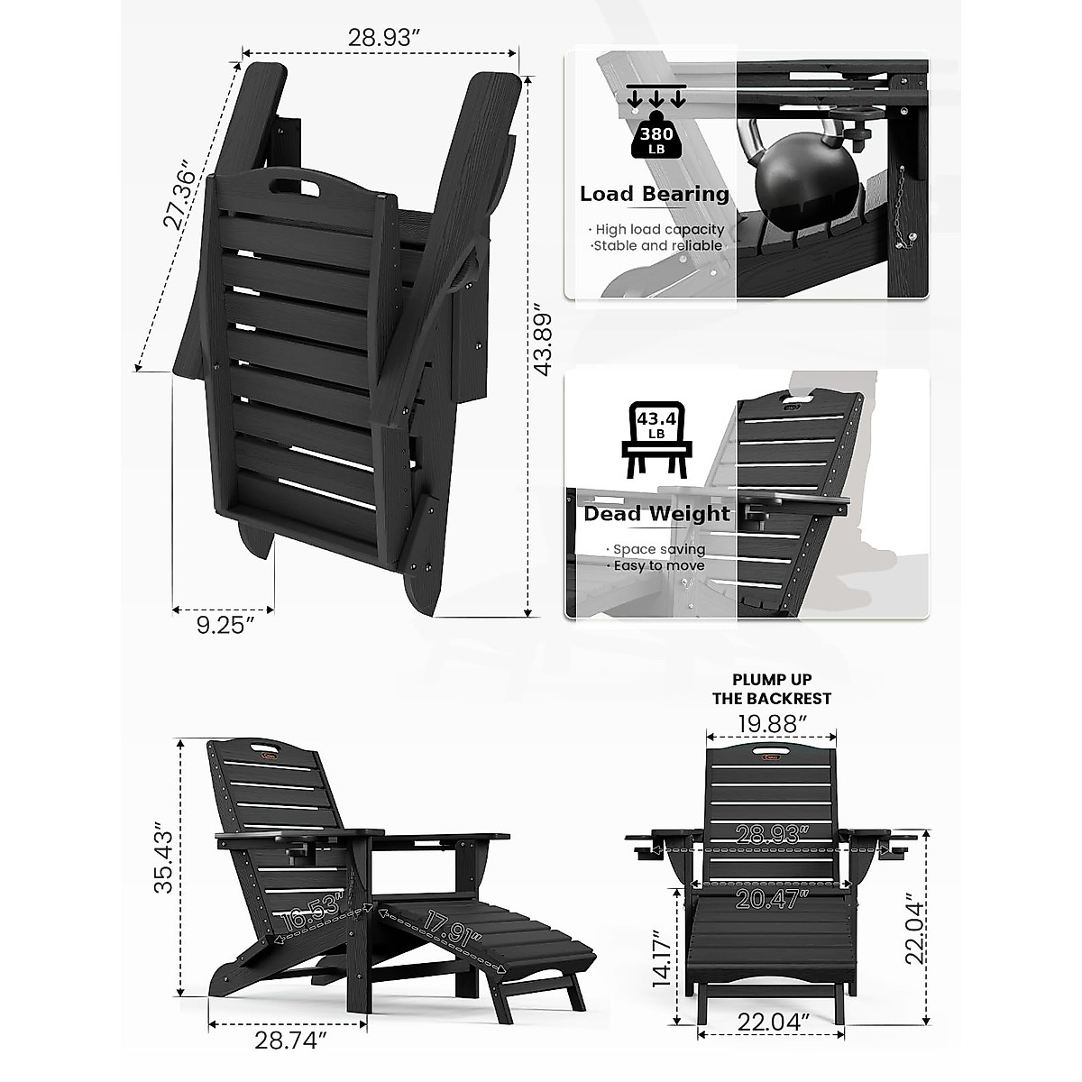 Ciokea Folding Adirondack Chair with Retractable Ottoman Fire Pit Patio Chair with Pull Out Foot Rest Weather Resistant Lawn Outdoor Lounge Chair with 2 Cup Holder (Black)