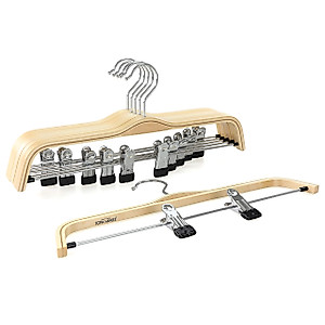 TOPIA HANGER Wooden Pants Hangers,Slim Natural Wood Skirt Hangers with Anti-Rust Hook and Adjustable Metal Clips, Perfect for Skirts, Pants, Slacks-10 Pack-CT17N