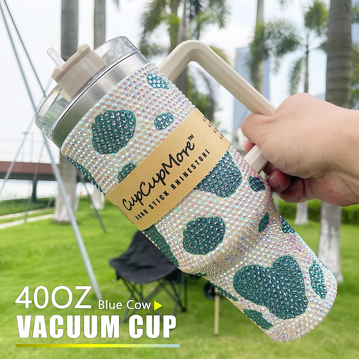 Cupcupmore 40oz Blue Cow Bling Rhinestone Stainless Steel Sippy Tumbler Glitter Vacuum Insulated Water Bottle with Straw & Lid & Handle,Thermos for Hot & Cold Drinks,Car Cup Holder