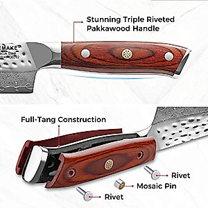 KEEMAKE Chef Knife 8 inch, Kiritsuke knife with Hammered Damascus Steel Blade Kitchen Knife, Japanese Gyutou knife with Pakkawood Handle Chopping Knife, Meat Cutting Knife With Walnut Sheath
