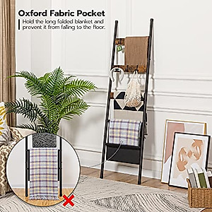 HOOBRO Blanket Ladder, 5 Tier Towel Rack, 17.3" L x 63" H, Wall-Leaning Blanket Rack, Decorative Ladder Holder with 4 Hooks and Pocket, Drying and Display Rack for Bathroom, Rustic Brown BF32CJ01