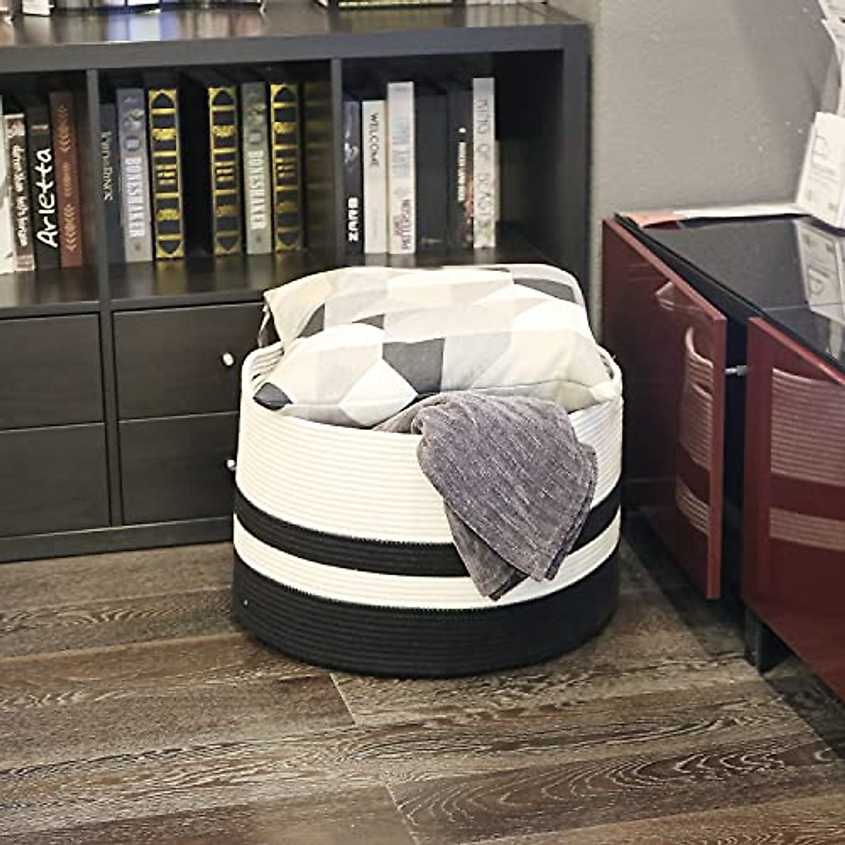 Numyton Extra Large Laundry Basket - Large Storage Basket for Blanket - 22" x22"x 14" - Woven Cotton Rope Basket - for Blankets, Toys, Towels, Clothes - White and Black