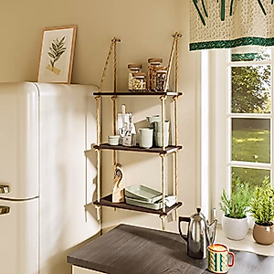 BAMFOX Hanging Wall Shelves,Swing Rope Floating Shelf,3 Tier Bamboo Hanging Storage Shelves for Living Room/Bedroom/Bathroom and Kitchen …