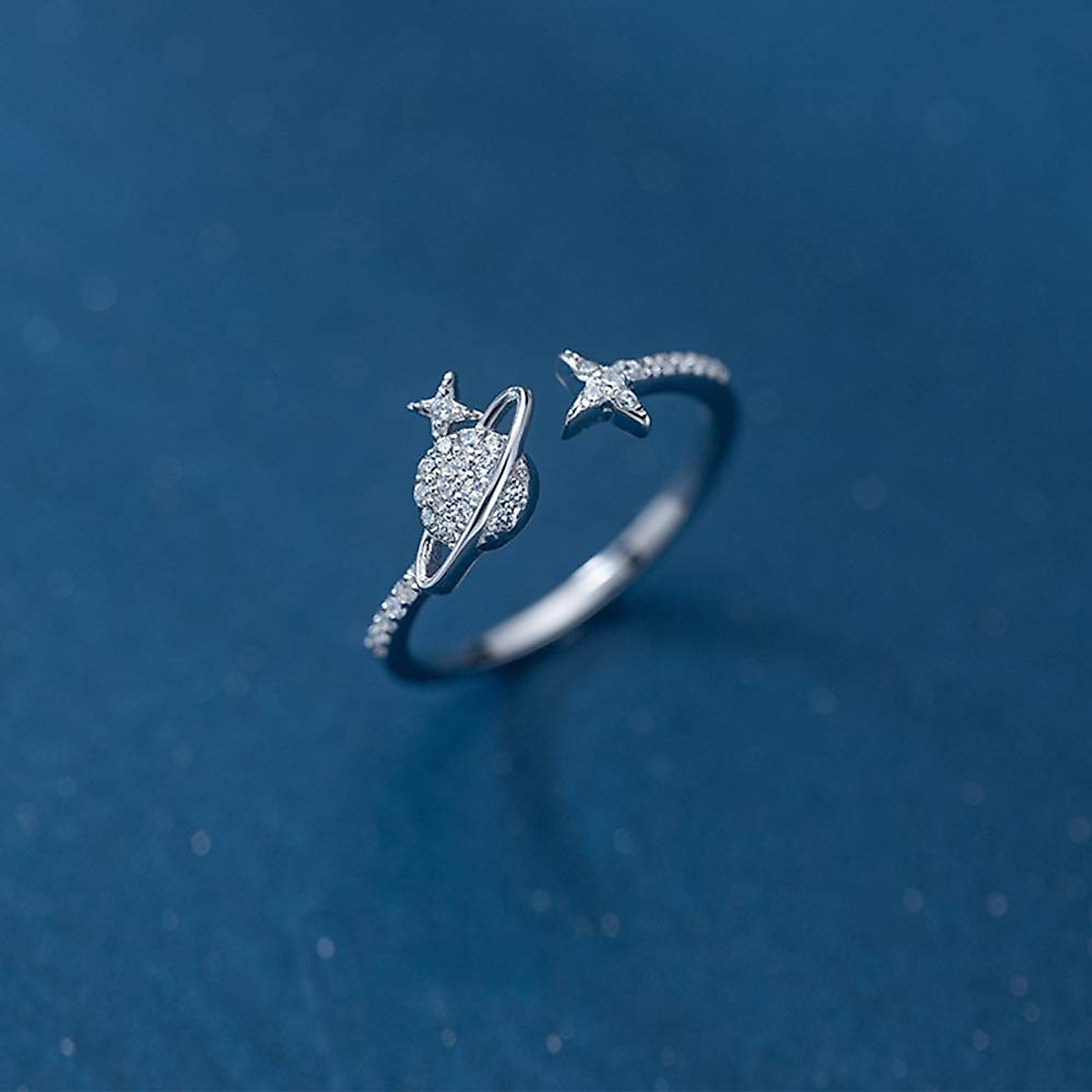 Izpack Planet Star Sterling Silver Open Stacking Rings for Women Dainty Cubic Zirconia Crystal Adjustable Engagement Promise Wedding Ring Wrap Finger Thumb Band Cute Jewelry Gifts