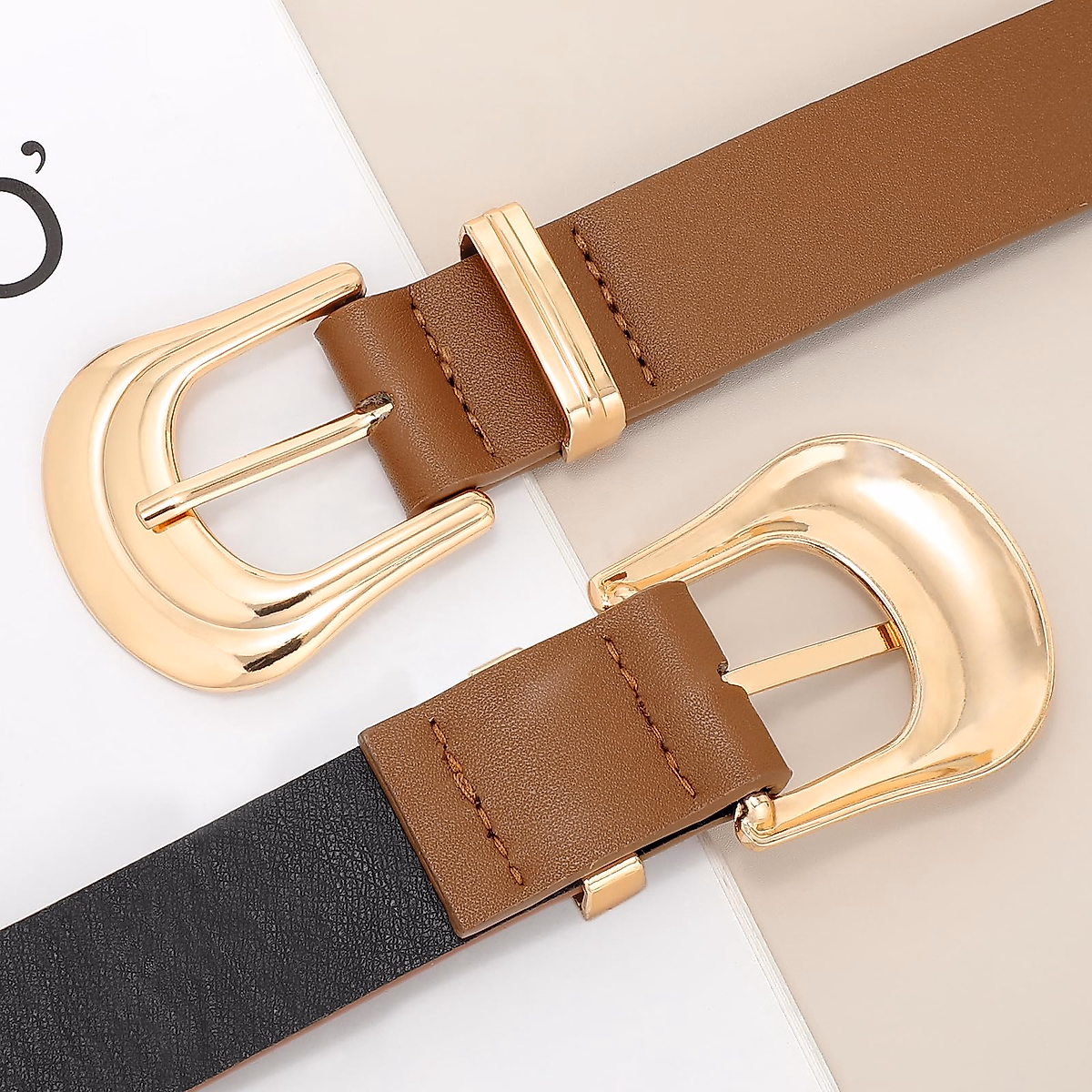 XZQTIVE Women's Leather Belt Plus Size Ladies Western Belt Silver Gold Buckle Brown Waist Belt for Jeans Pants Dresses