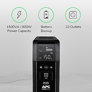 APC UPS 1500VA Sine Wave UPS Battery Backup, BR1500MS2 Backup Battery Power Supply, AVR, 10 Outlets, (2) USB Charger Ports