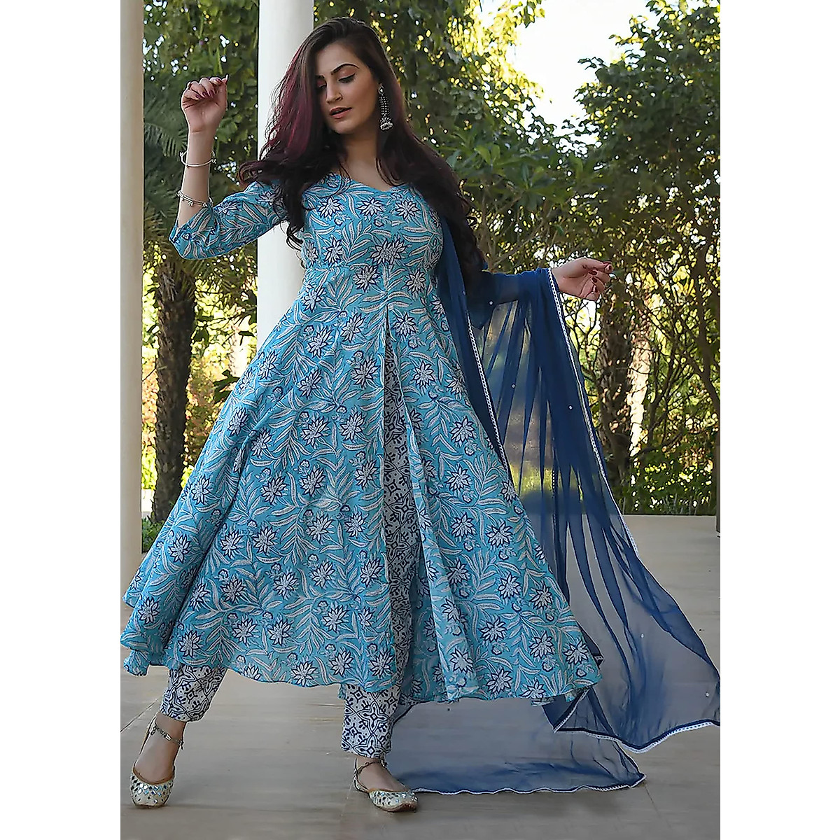 Elina fashion Indian Kurti for Womens With Pant & Dupatta | Rayon Printed Long Kurta Partywear Kurtis Tunic Tops Cyan