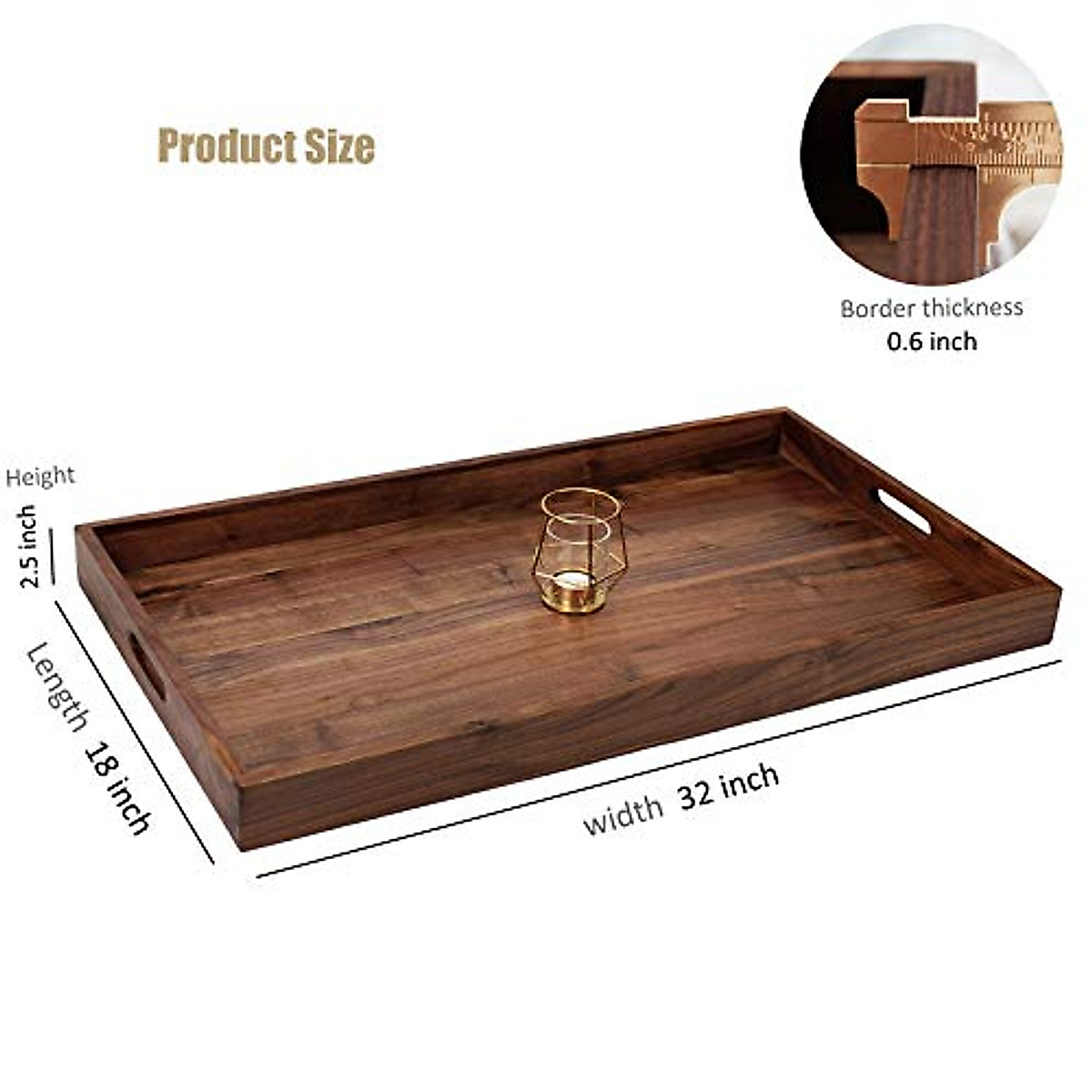 MAGIGO 32 x 18 Inches Extra Large Rectangle Black Walnut Wood Ottoman Tray with Handles, Serve Tea, Coffee Classic Wooden Decorative Serving Tray