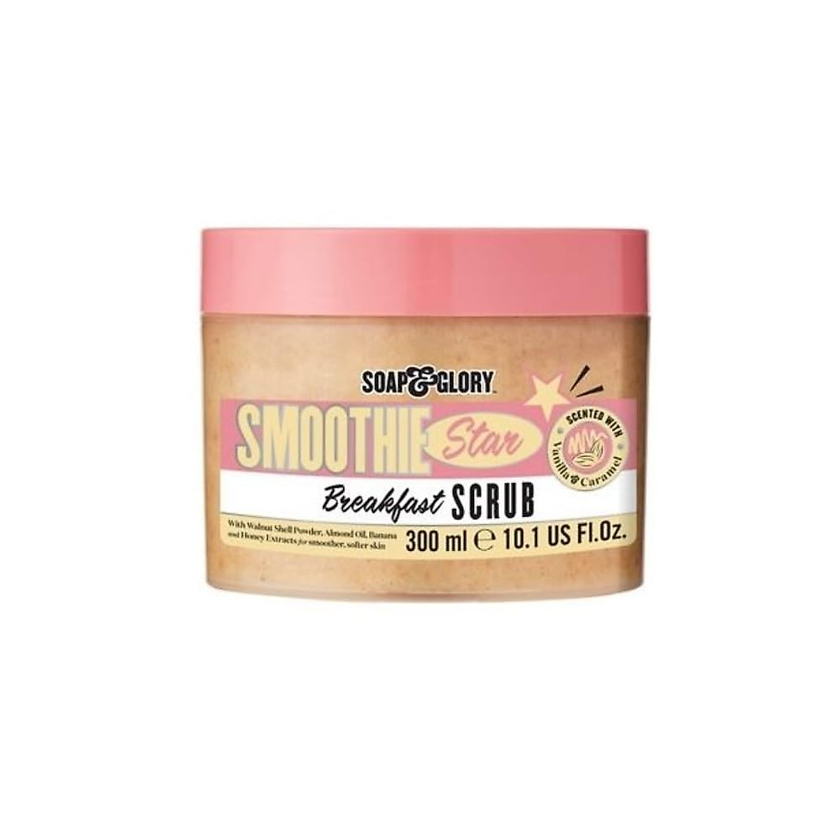 Soap & Glory Smoothie Star Exfoliating Breakfast Body Scrub - Buff & Smooth - Almond & Caramel Scented Body Polish - Brightening Scrub with Honey Extract + Sweet Almond Oil (300ml)