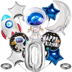 10 PCS Space Theme 0-9 Birthday Balloons Decoration, Big Foil Mylar Number 0 Astronaut Spaceman Rocket Moon Star Balloons for Boy Space Galaxy Theme Birthday Party Supplies